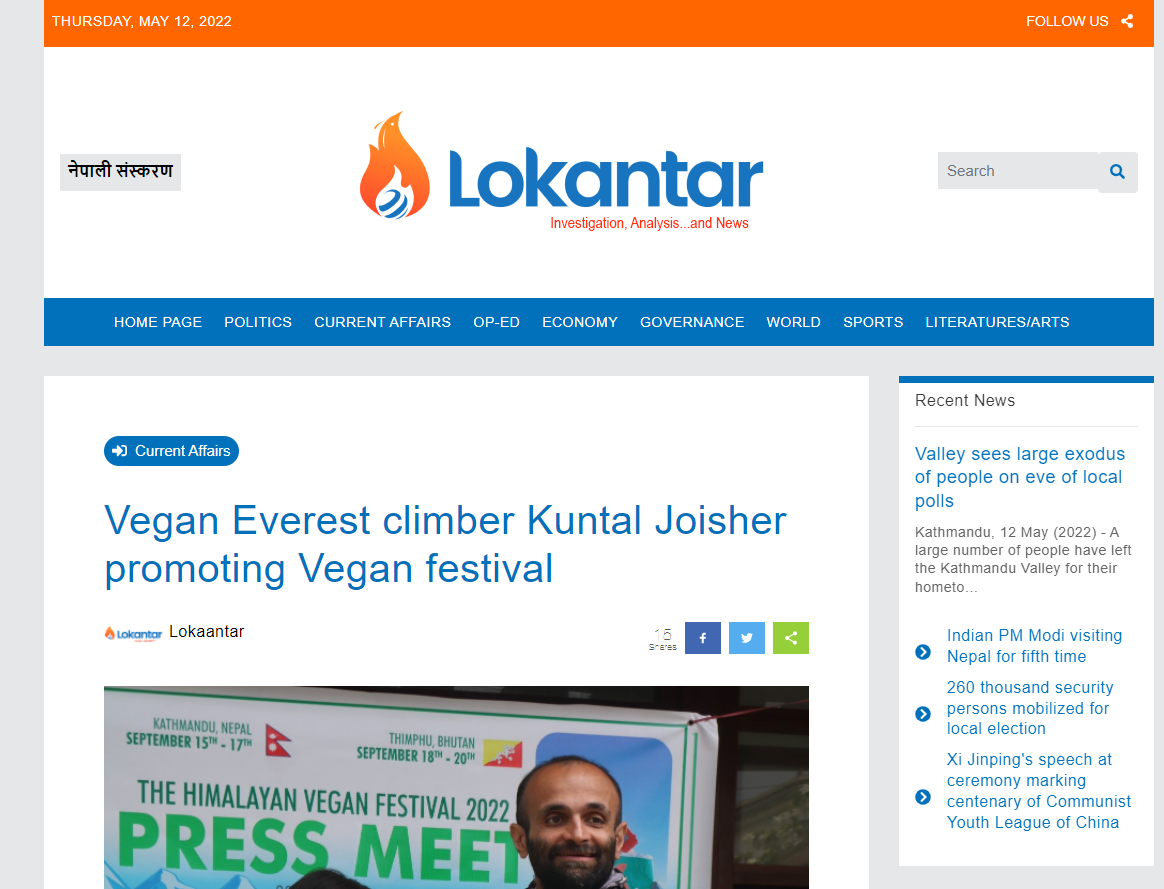 Vegan Everest climber Kuntal Joisher promoting Vegan festival ...